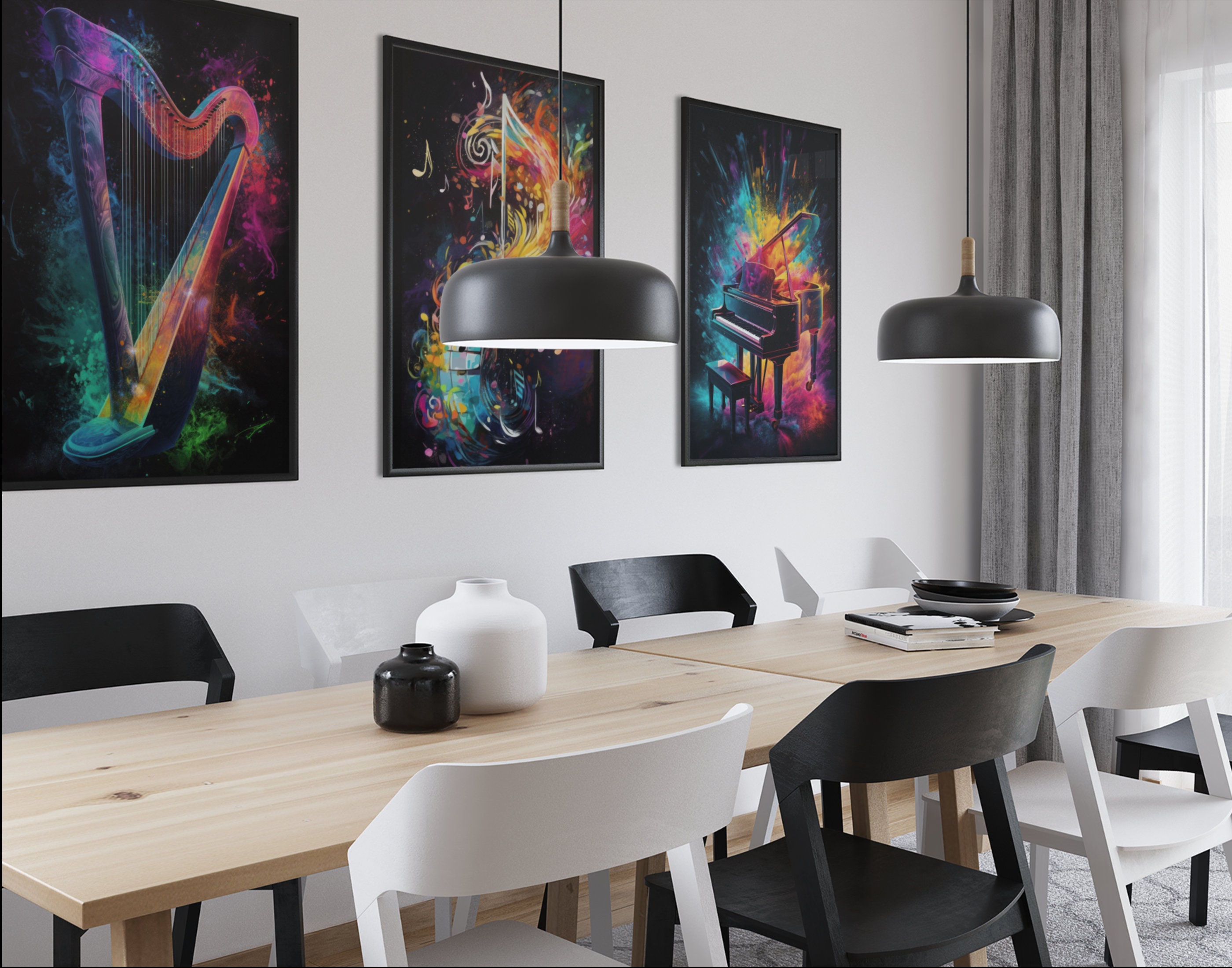 Colorful Harp on Black Background, Printable Wall Art, Classical Music ...