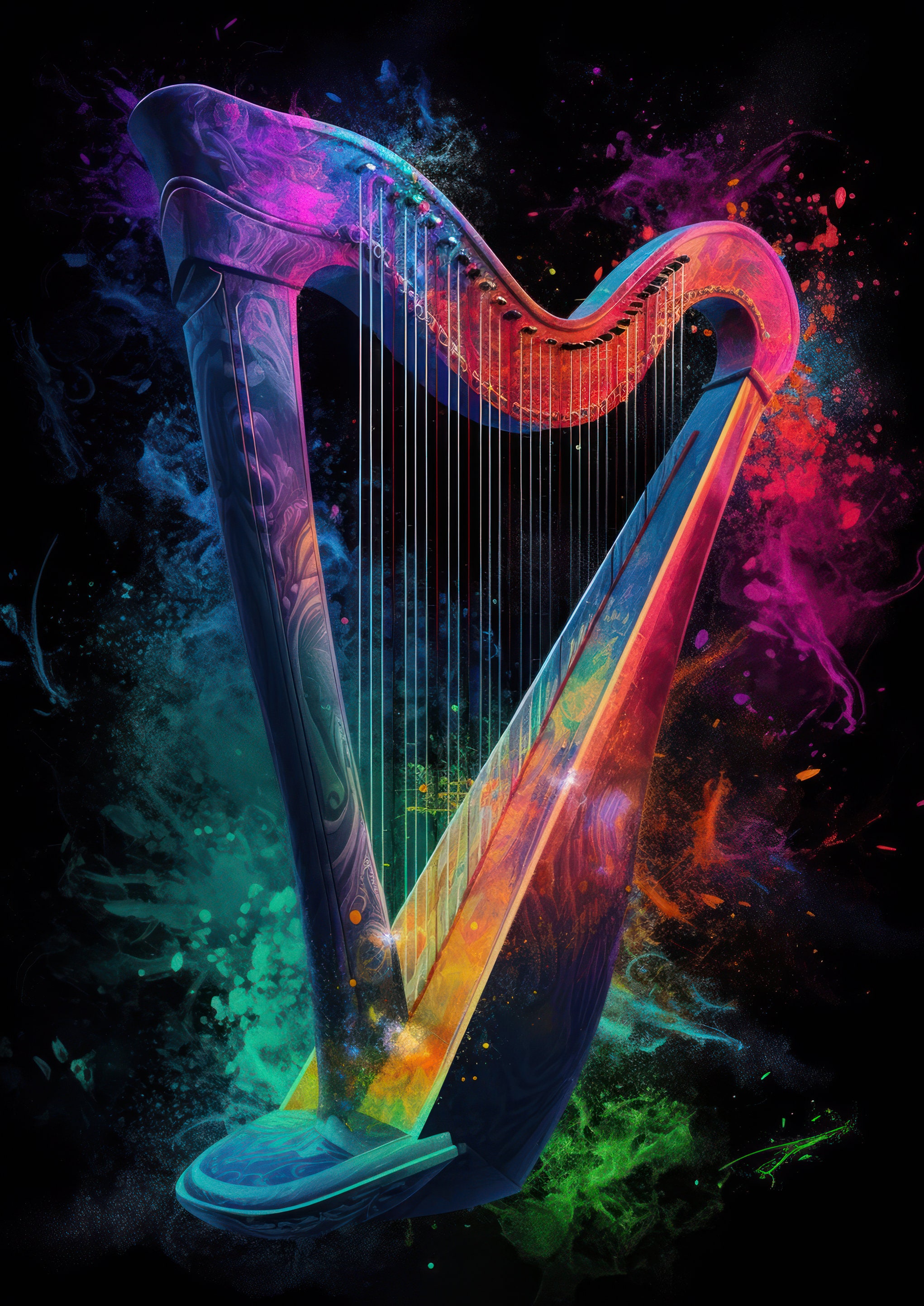 Colorful Harp on Black Background, Printable Wall Art, Classical Music ...