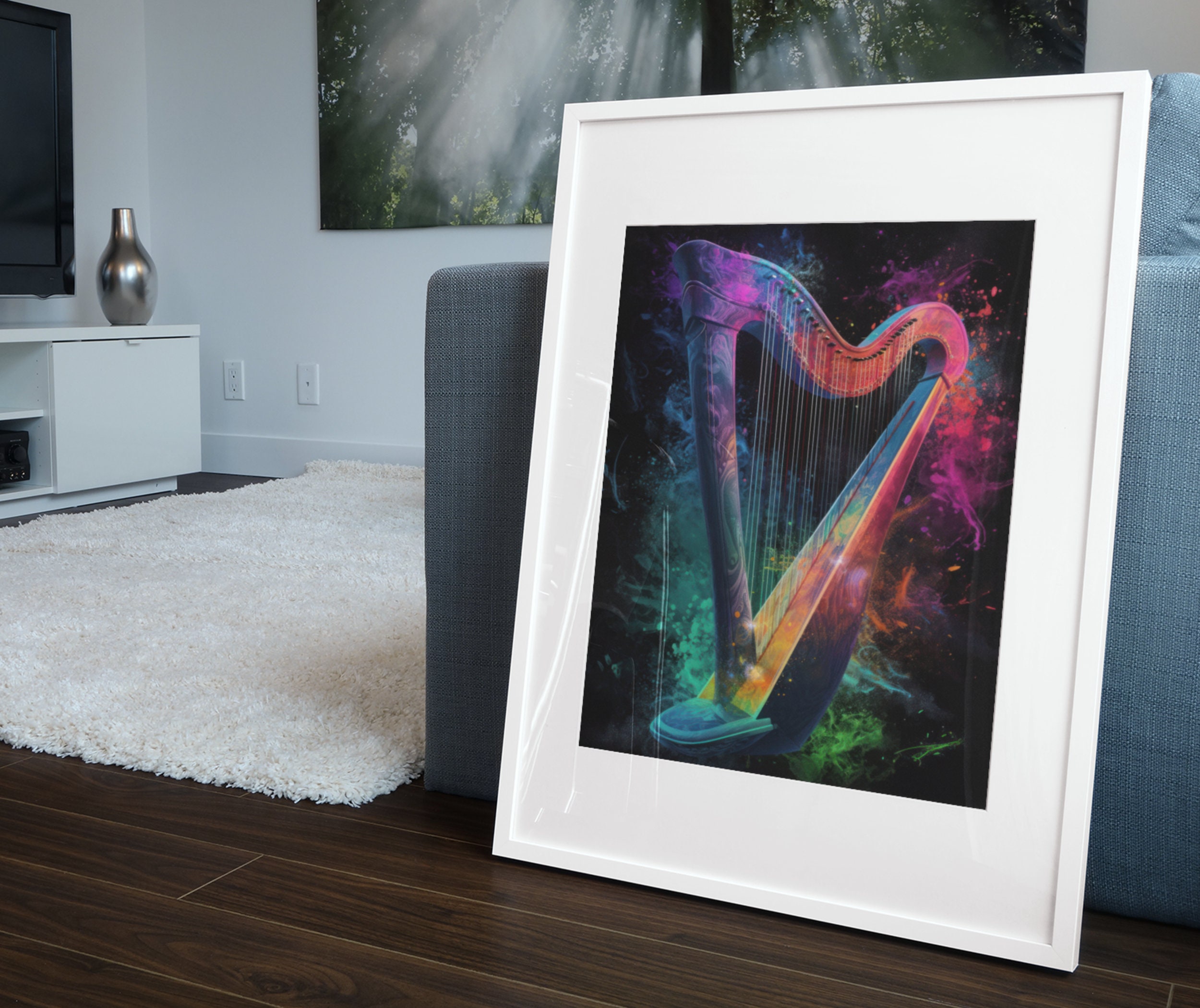 Colorful Harp on Black Background, Printable Wall Art, Classical Music ...
