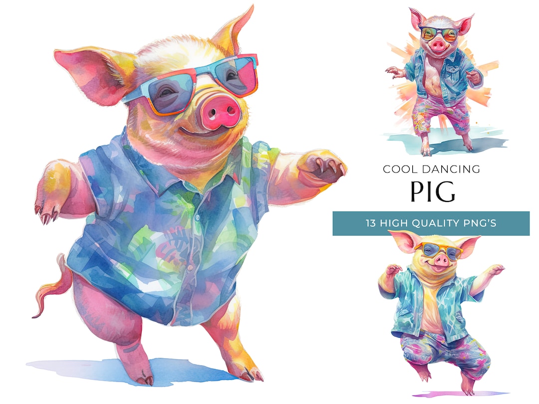 Cool Dancing Pig Clipart, 13 High Quality Pngs, Funny Watercolor Animals, Digital Prints and ...