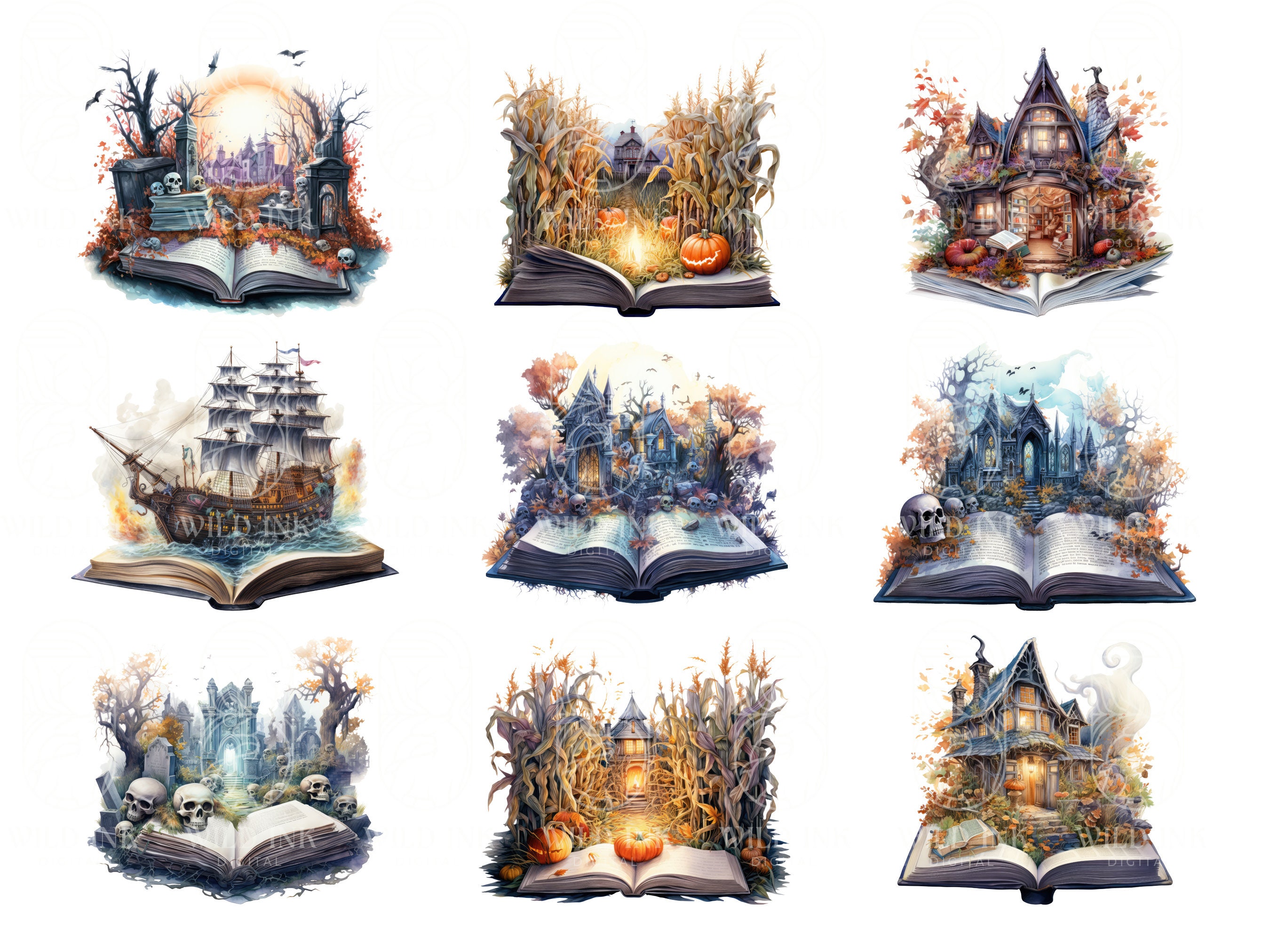 Watercolor Haunted Books Clipart: Halloween Fantasy Scenes (digital ...