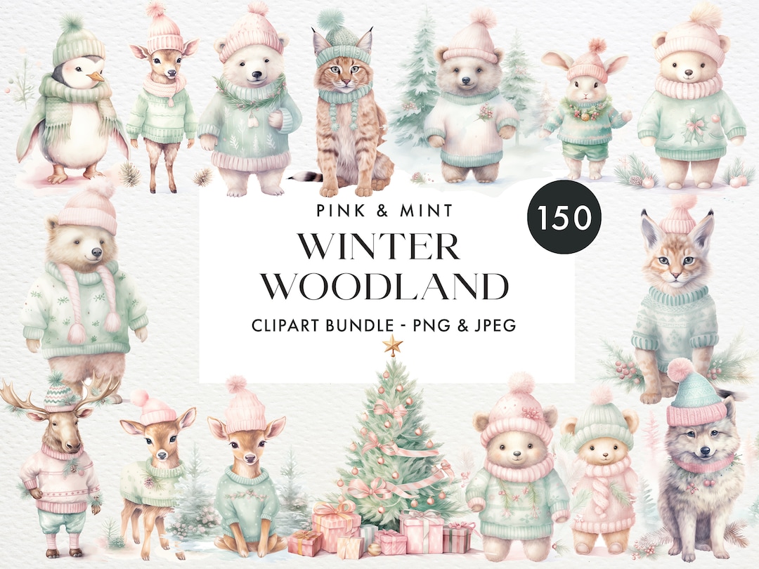 Christmas Woodland Animals Clipart Bundle - Pink and Mint, 150 High ...