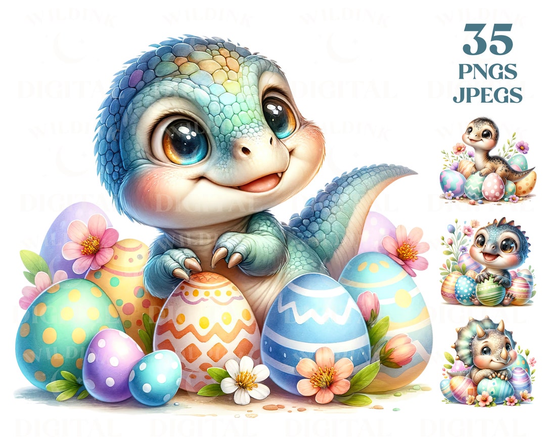 Watercolor Easter Dinosaurs Clipart Bundle: Nursery Spring PNG JPEG ...
