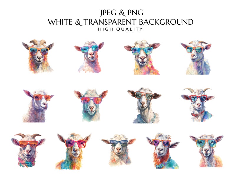 Watercolor Goat Clipart With Sunglasses, Farm Animal Art (digital ...