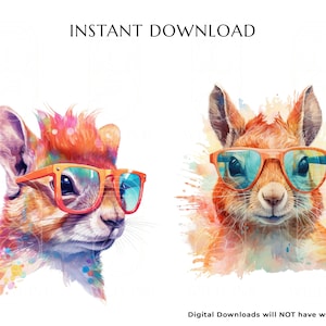 Watercolor Squirrel Clipart With Sunglasses: Woodland Animal Print ...