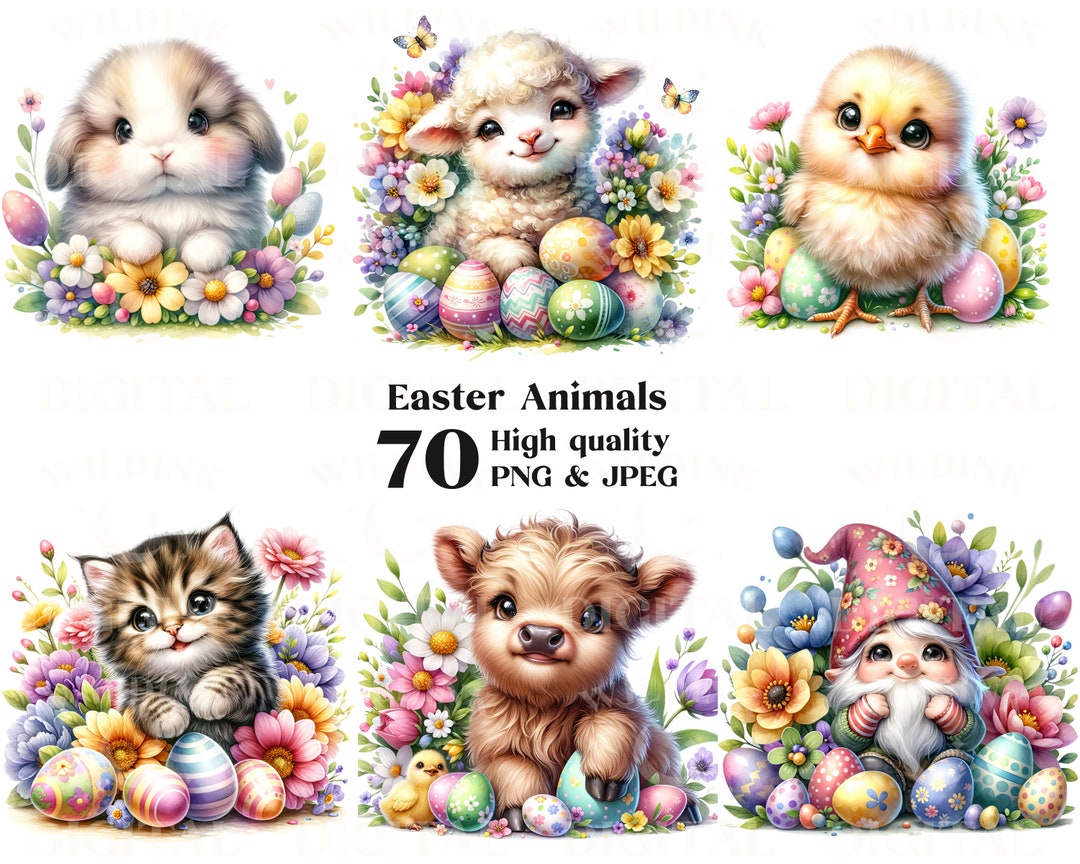 Easter Cute Animals Clipart Bundle 70 High Quality PNG & JPEG ...