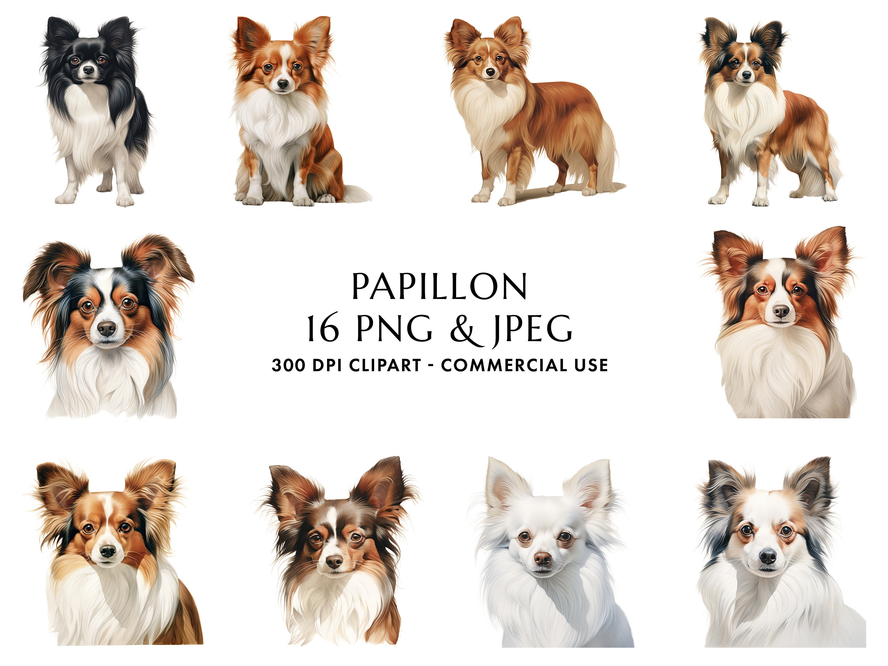 Watercolor Papillon Clipart Bundle: 16 PNG & JPEG Graphics (digital ...