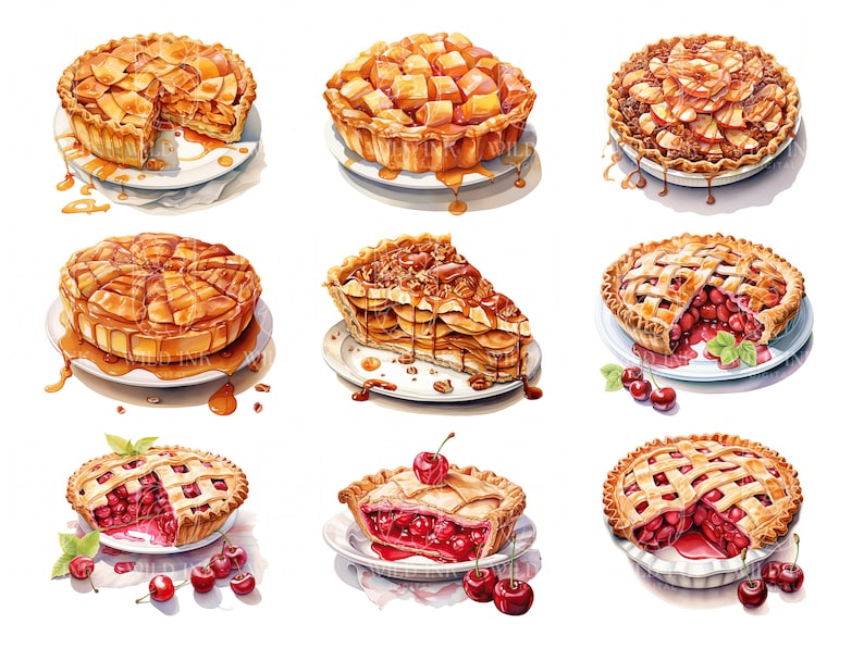 Watercolor Pie Clipart: 70+ PNG & JPEG Dessert Graphics (digital ...
