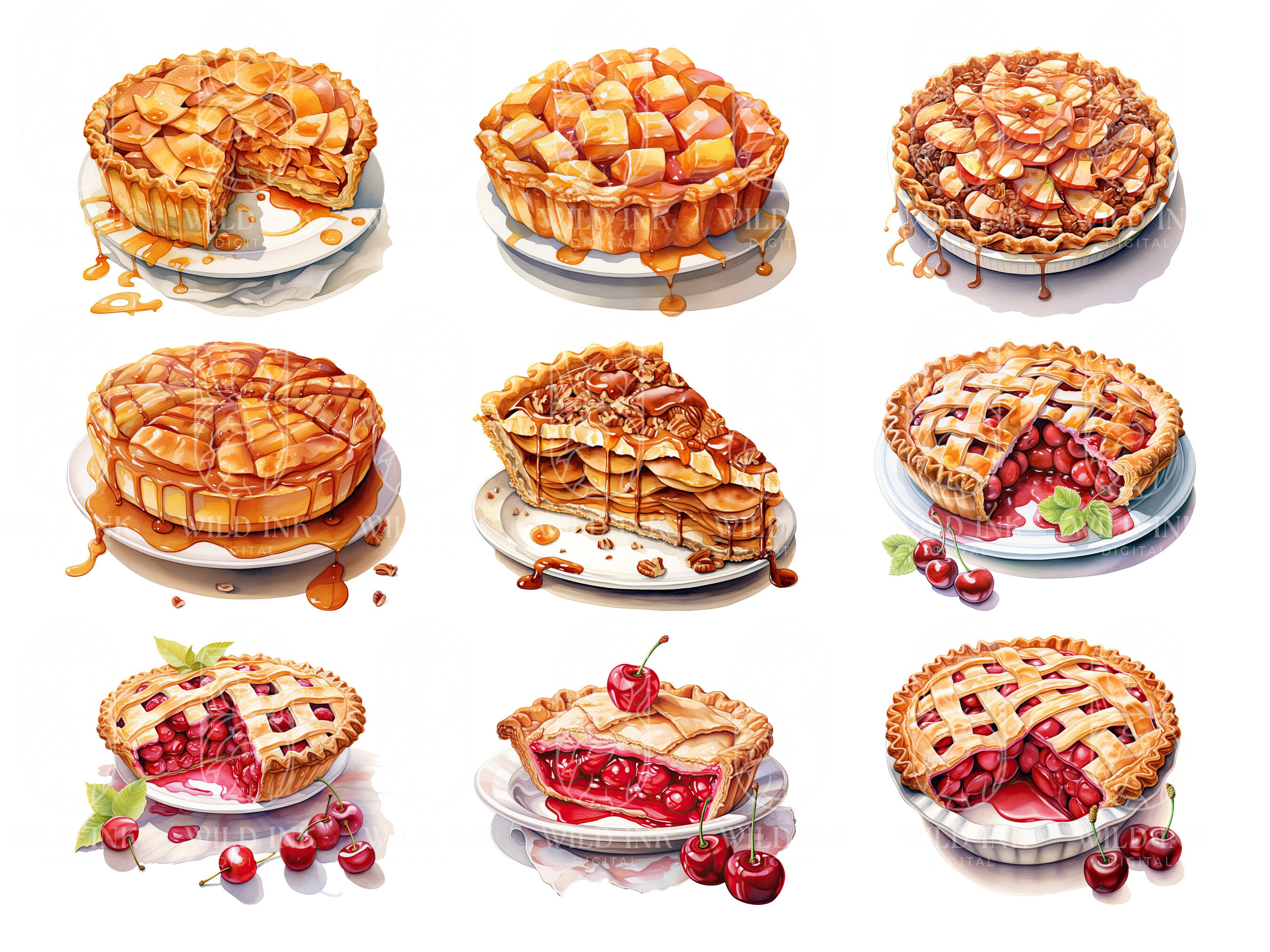 Watercolor Pie Clipart: 70+ PNG & JPEG Dessert Graphics (digital ...
