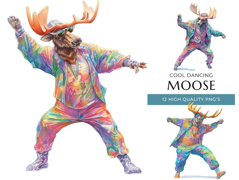 Funny Watercolor Dancing Moose Clipart: 12 PNG Digital Prints (digital ...