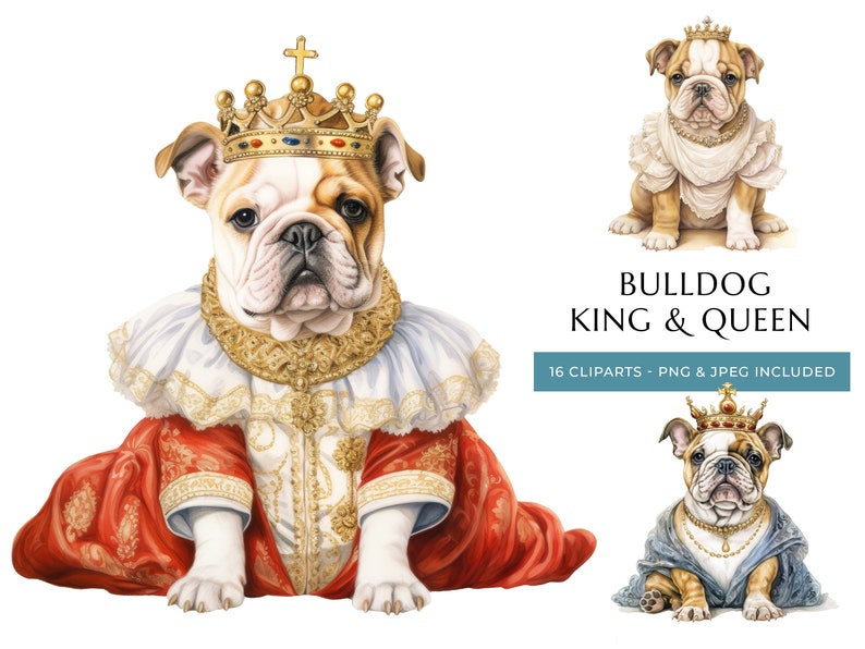 King & Queen Bulldog Cute Puppy Watercolor Clipart 16 High - Etsy