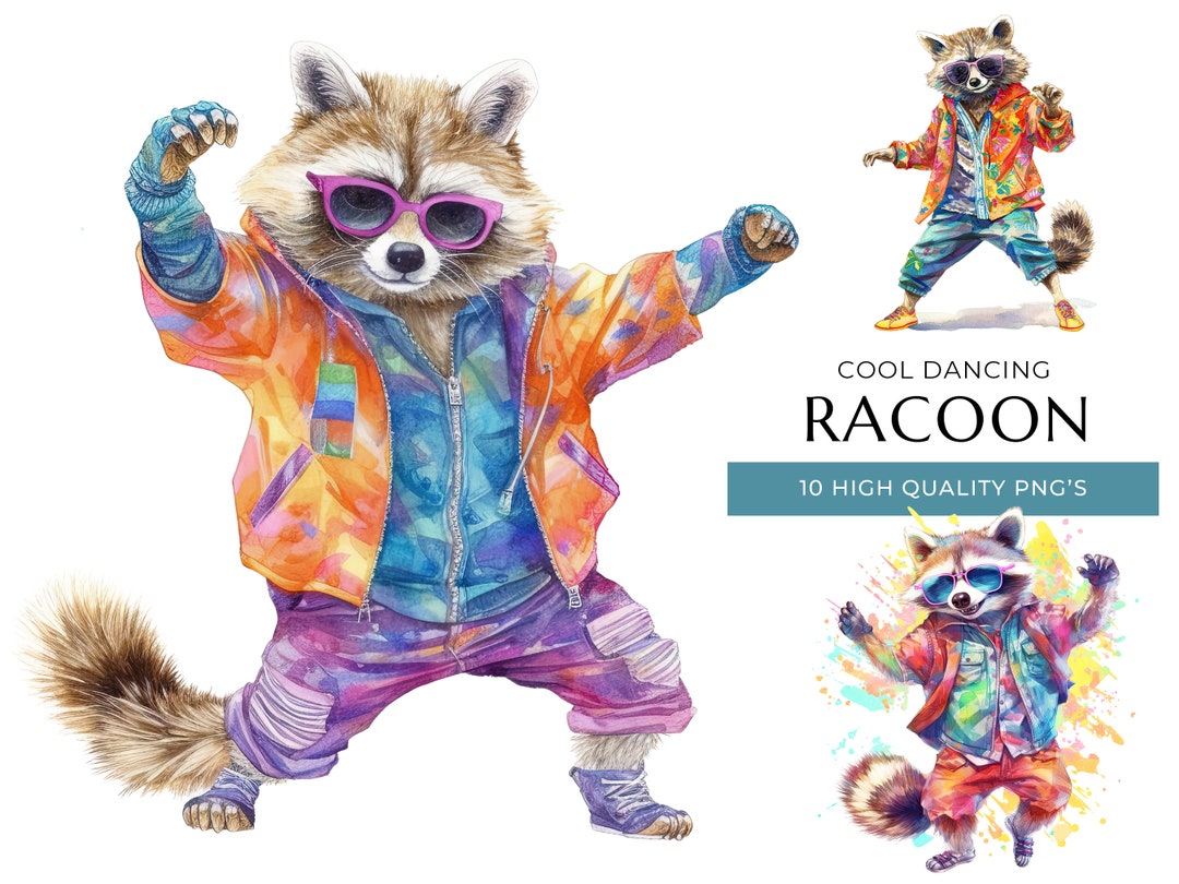 Dancing Raccoon Watercolor Clipart: Funny Animal Pngs (digital Download ...