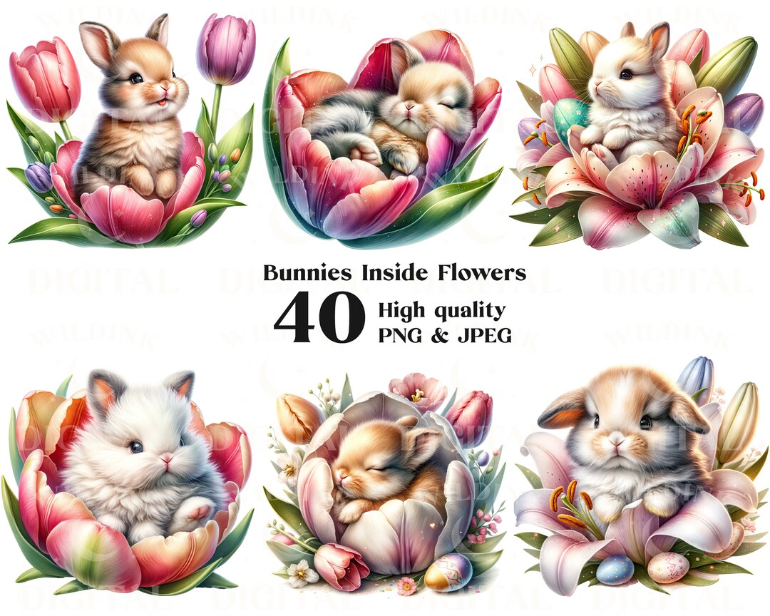 Watercolor Easter Bunny and Flowers Clipart Bundle 40 High Quality PNG ...