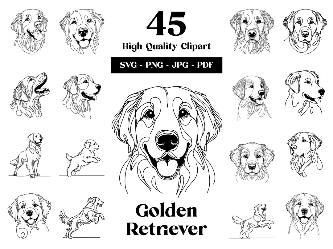 Golden Retriever Line Art SVG Bundle: Minimalist Dog Clipart (digital ...