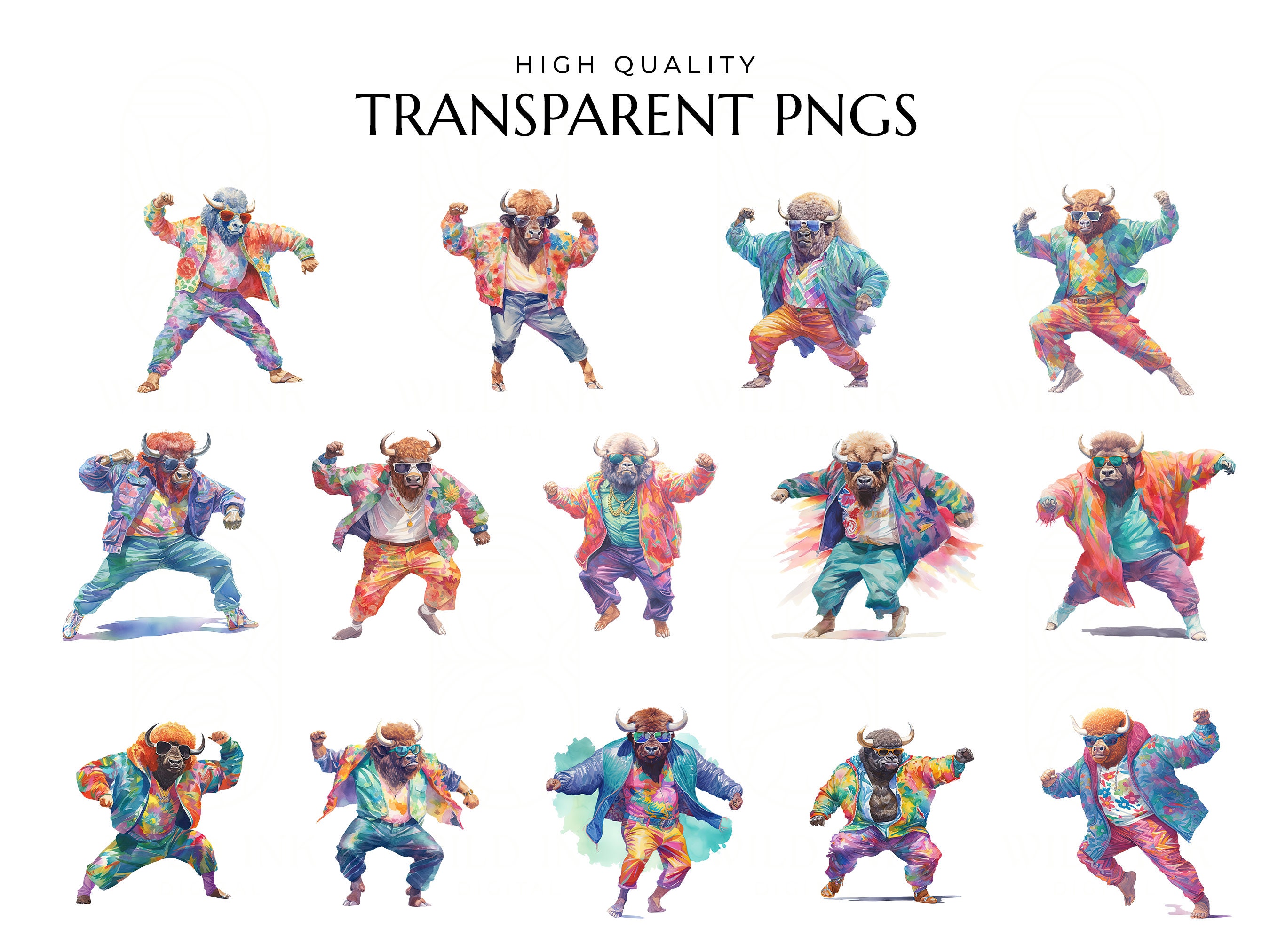 Dancing Bison Clipart: Funny Watercolor Animal Pngs (digital Download ...