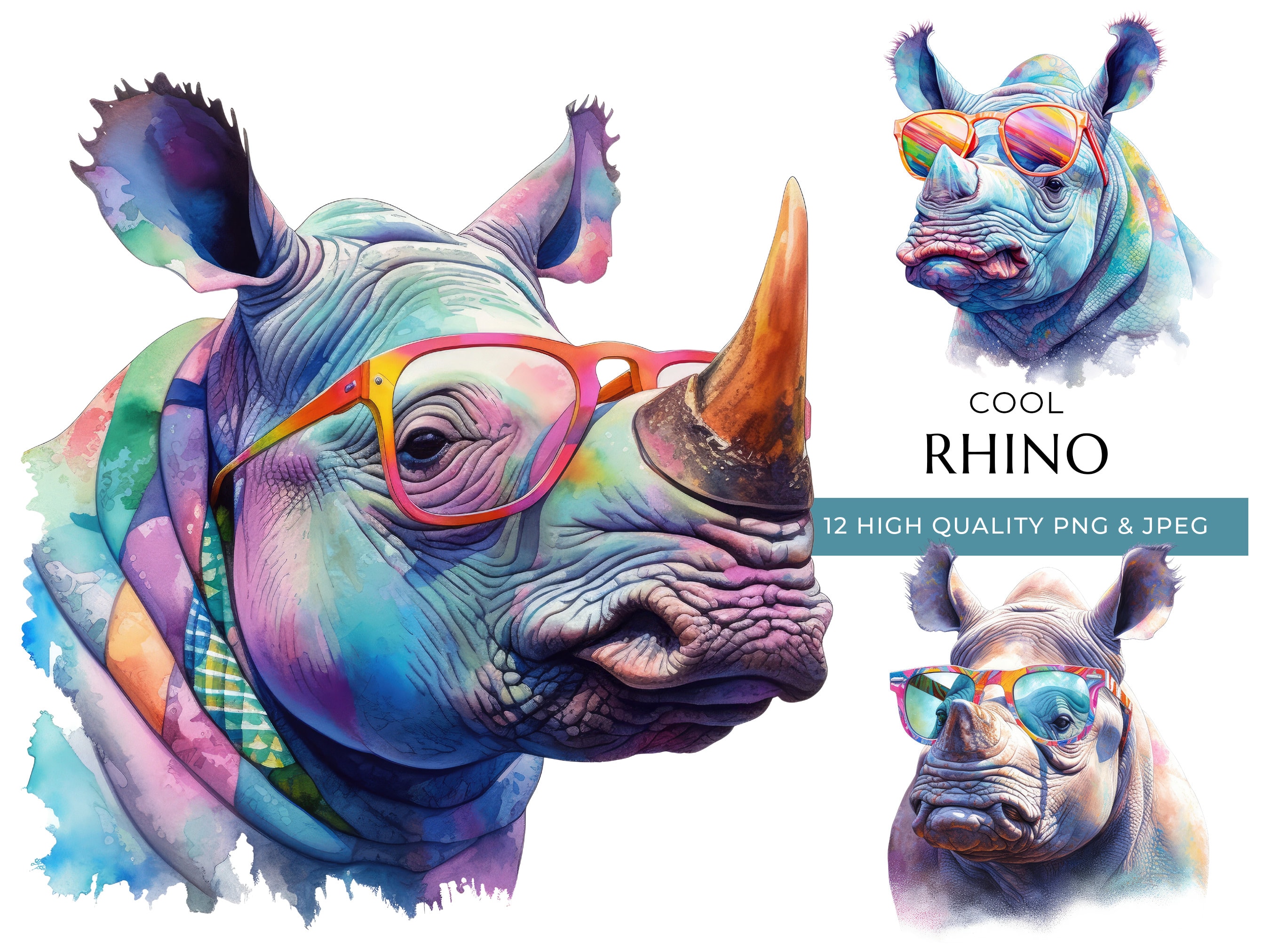 Watercolor Rhinoceros Clipart With Sunglasses 12 High-quality - Etsy