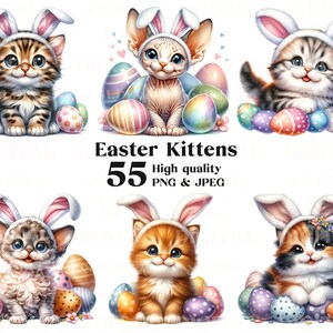 Easter Cats Clipart Bundle 55 High Quality PNG & JPEG, Watercolor Cute ...