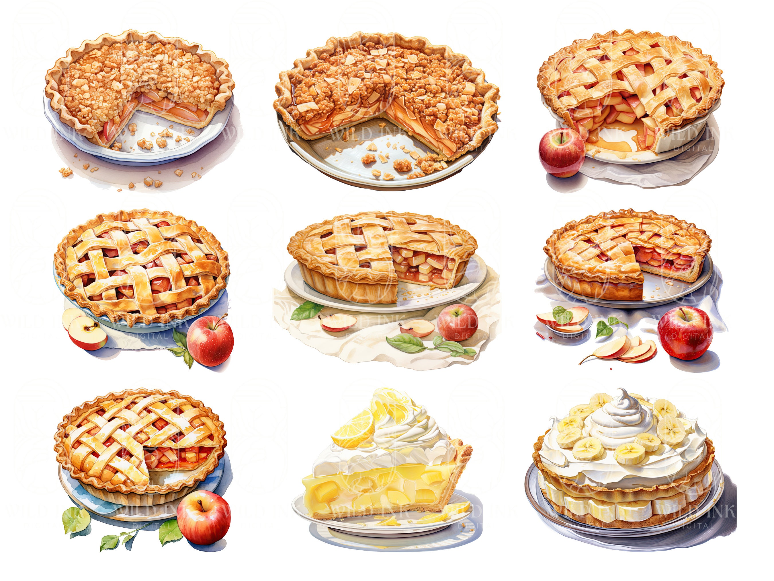Watercolor Pie Clipart: 70+ PNG & JPEG Dessert Graphics (digital ...