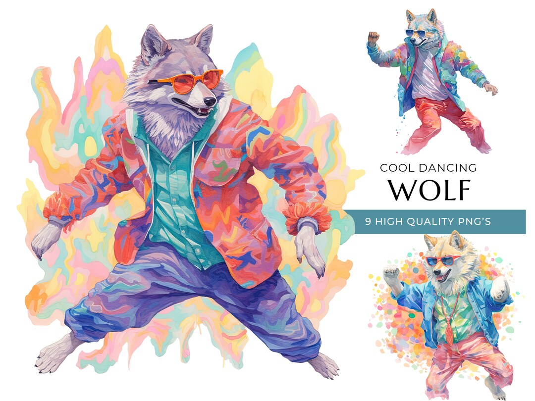 Dancing Wolf Clipart: Funny Watercolor Animal Pngs (digital Download ...