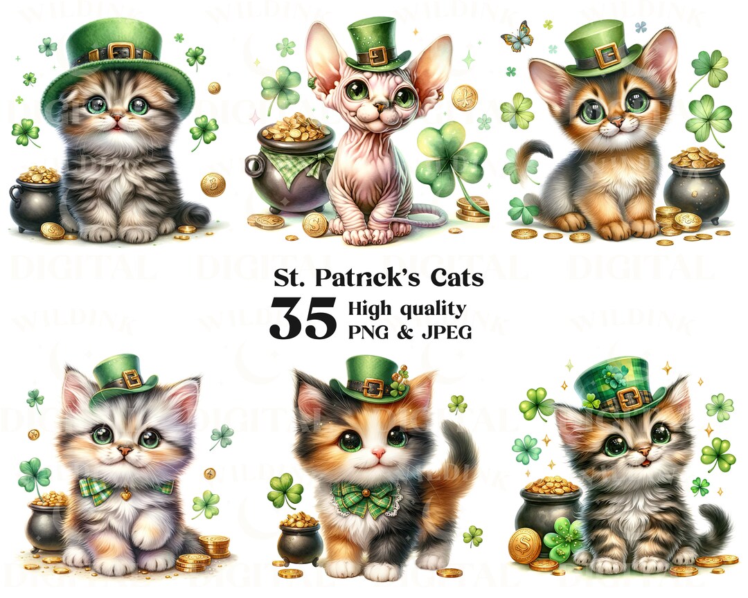 Watercolor St. Patrick's Day Cats Clipart Bundle 35 High Quality PNG & JPEG, Digital Download ...