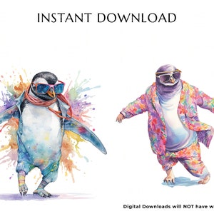 Dancing Penguin Clipart: Funny Watercolor PNG Prints (digital Download ...