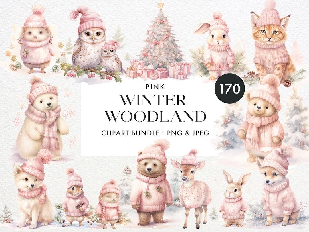 Pink Woodland Christmas Animals, 170 Clipart Bundle, Forest Animal ...