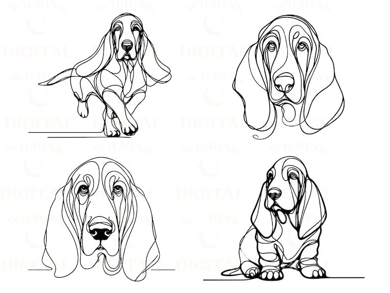 Basset Hound Line Art: Minimalist Dog SVG Clipart Bundle (digital ...