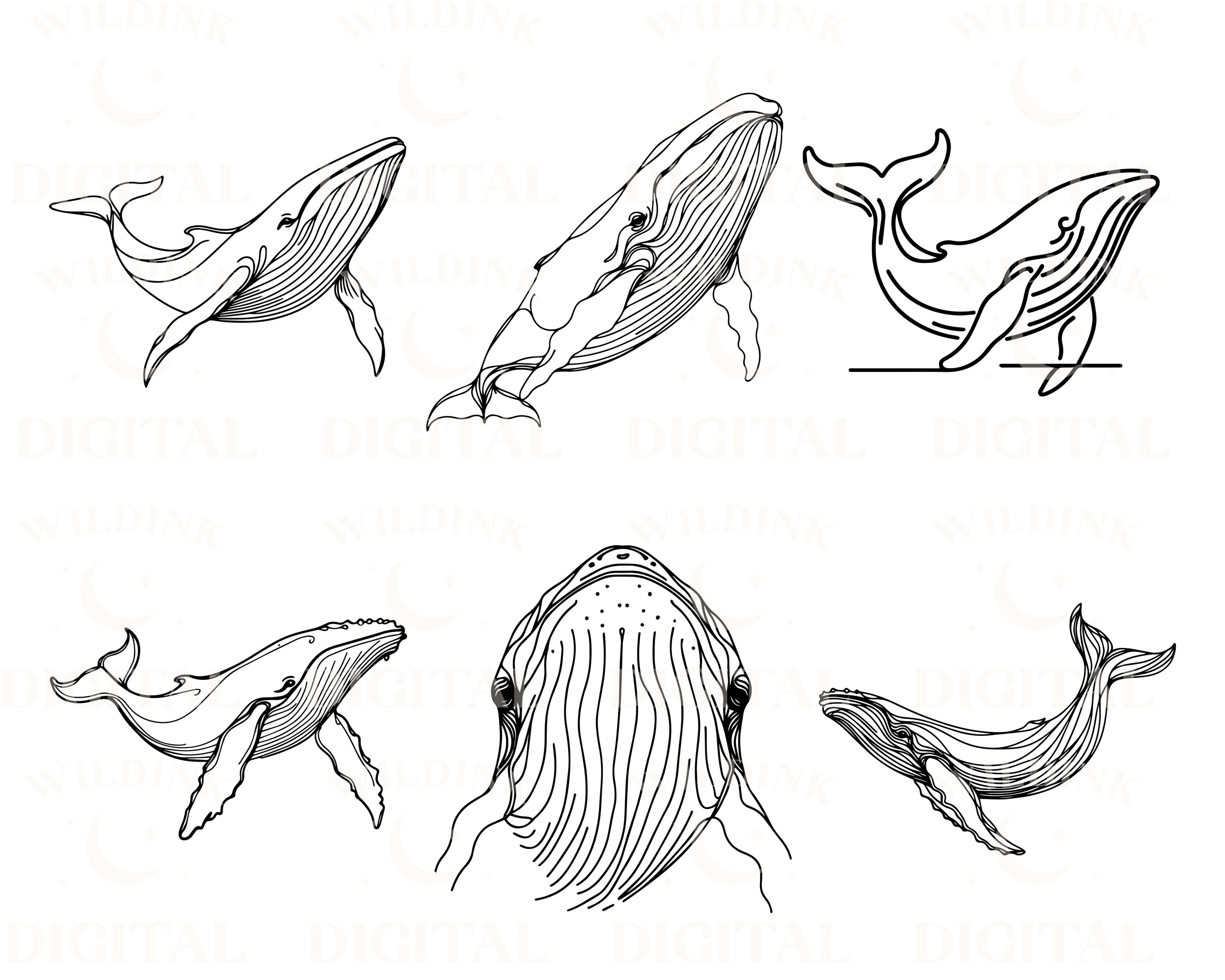 Whales SVG Clipart: Minimalist Line Art, Tattoo Design (digital ...