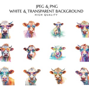 Watercolor Cow Clipart With Sunglasses: Farm Animal Print (digital ...