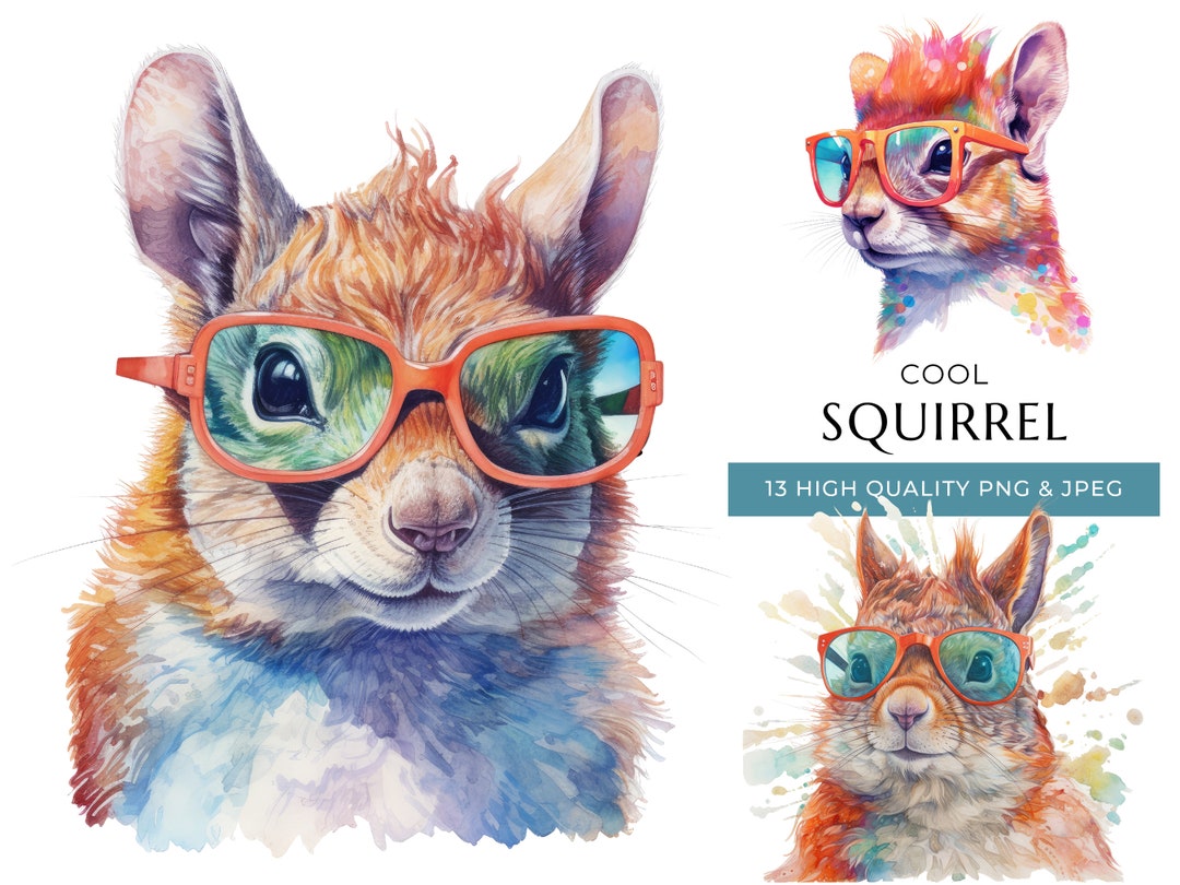 Watercolor Squirrel Clipart With Sunglasses: Woodland Animal Print ...