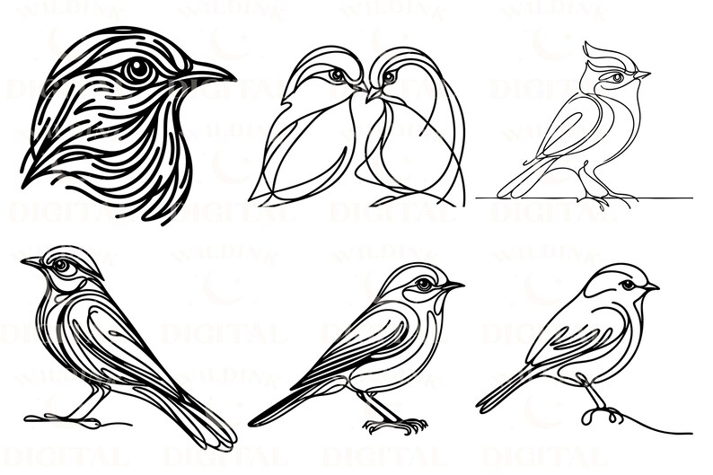 Blue Bird Line Art SVG Bundle: 50 Bird Clipart Designs (digital ...
