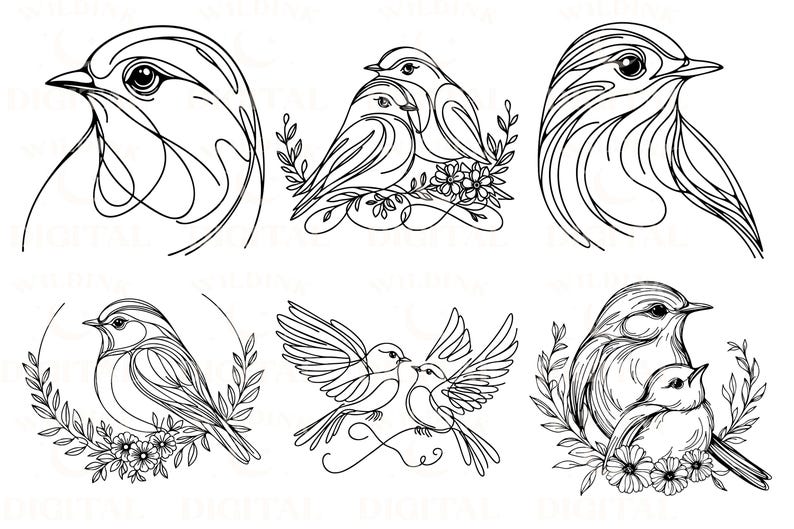 Blue Bird Line Art SVG Bundle: 50 Bird Clipart Designs (digital ...
