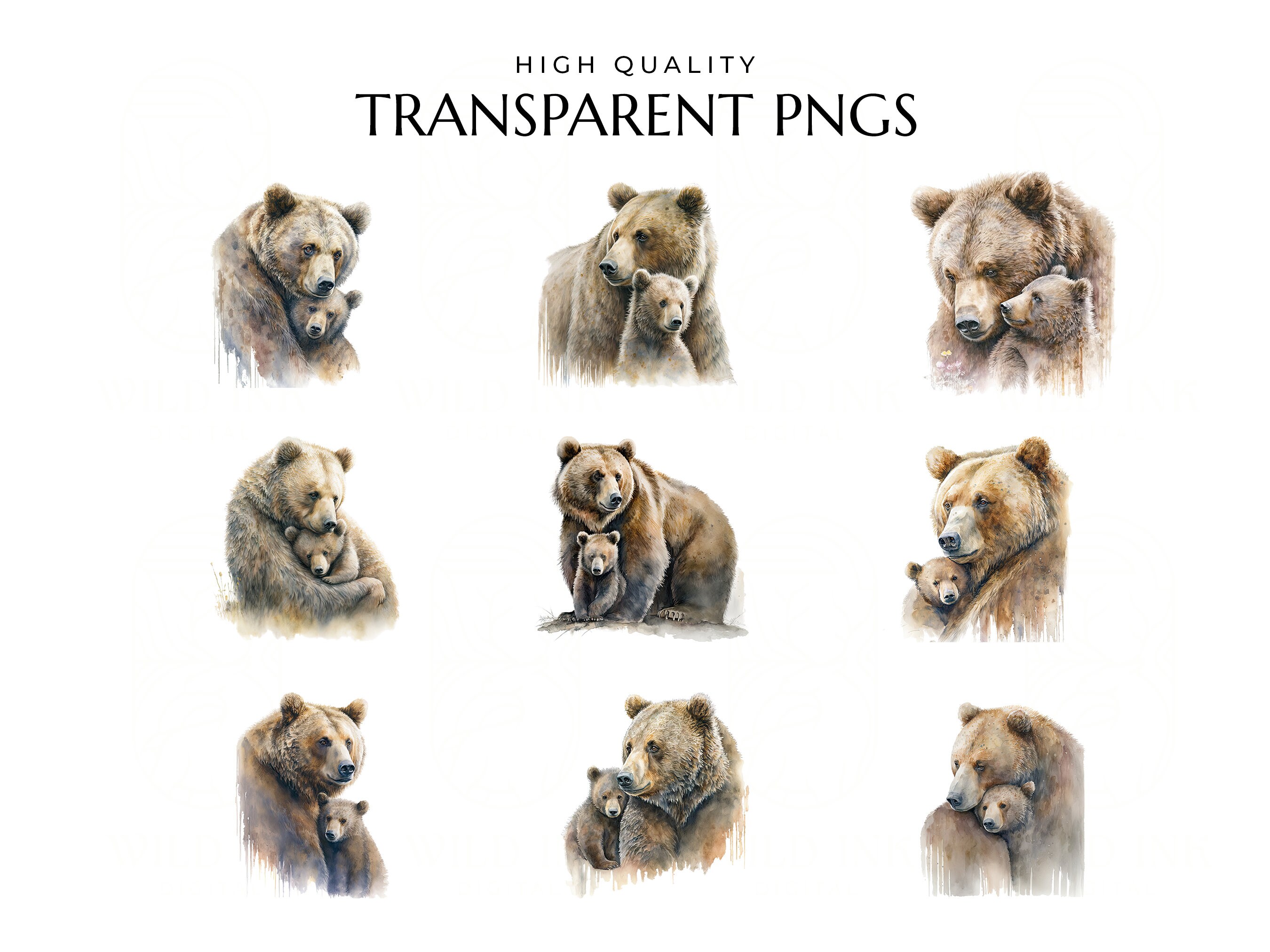 Mom and Baby Bear Clipart 10 High Quality Pngs Watercolor - Etsy