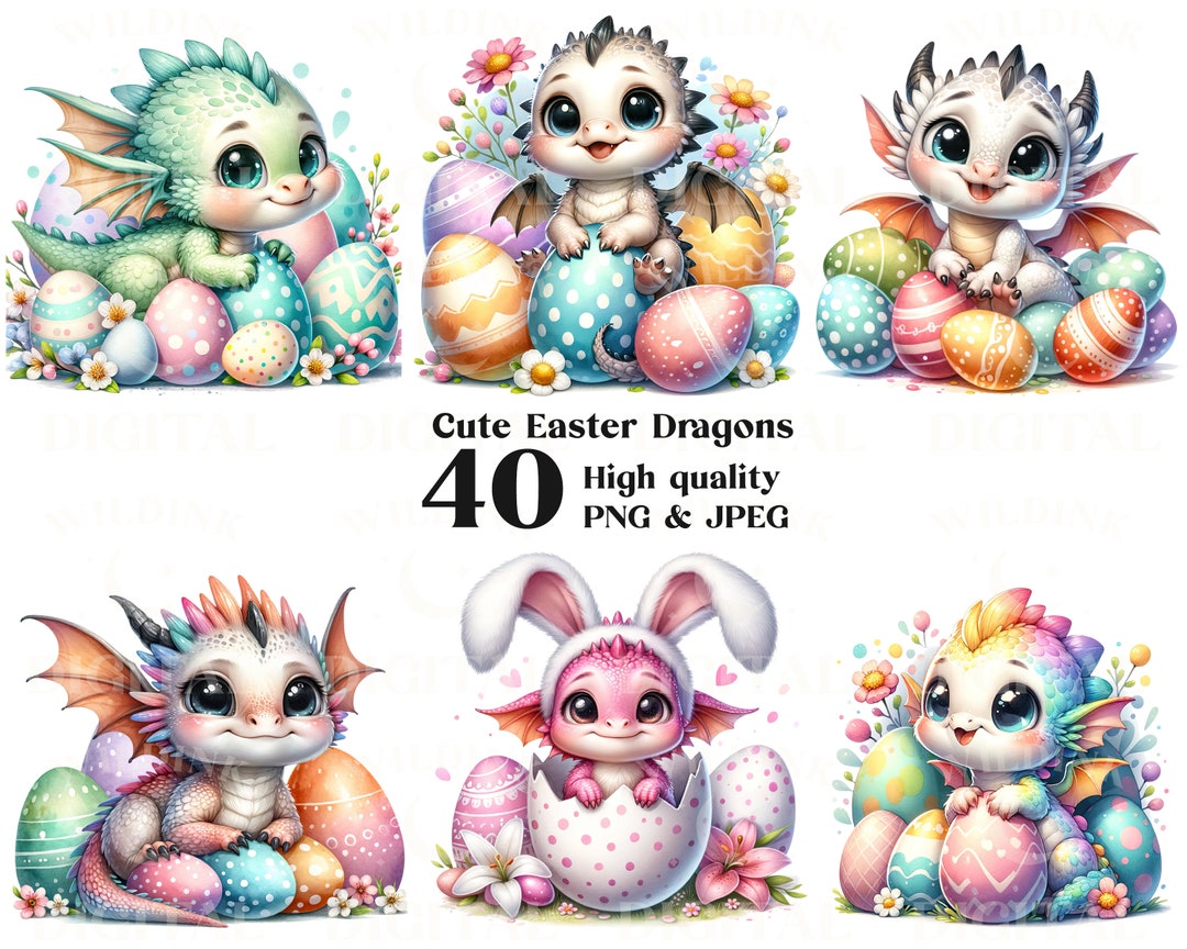 Easter Dragons Clipart Bundle 40 High Quality PNG & JPEG, Watercolor ...