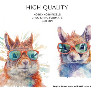 Watercolor Squirrel Clipart With Sunglasses: Woodland Animal Print ...