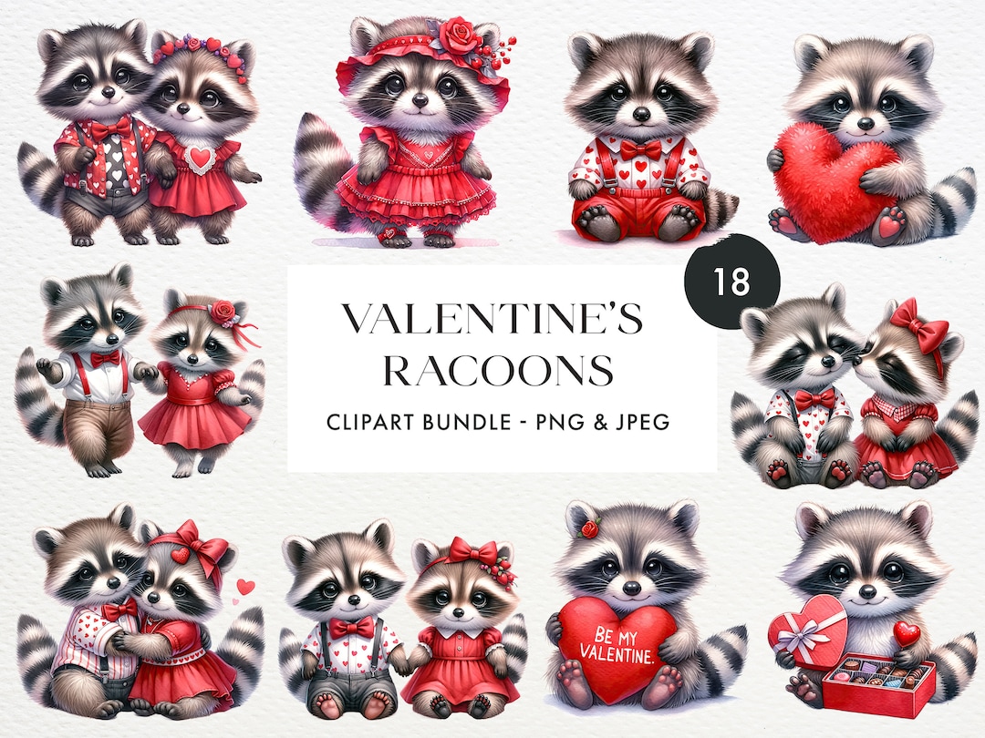 Watercolor Valentine Raccoons Clipart: PNG & JPEG Bundle (digital ...