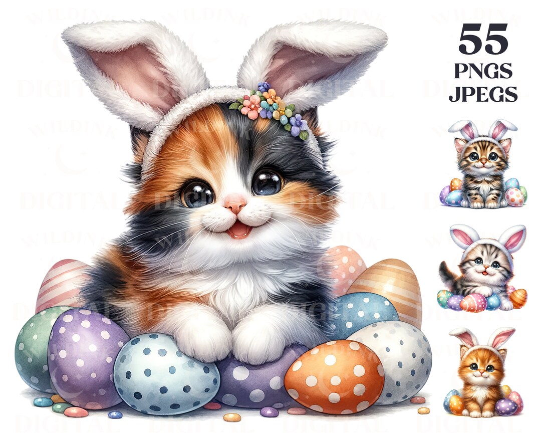 Watercolor Easter Cats Clipart Bundle: 55 PNG & JPEG Kittens (digital ...