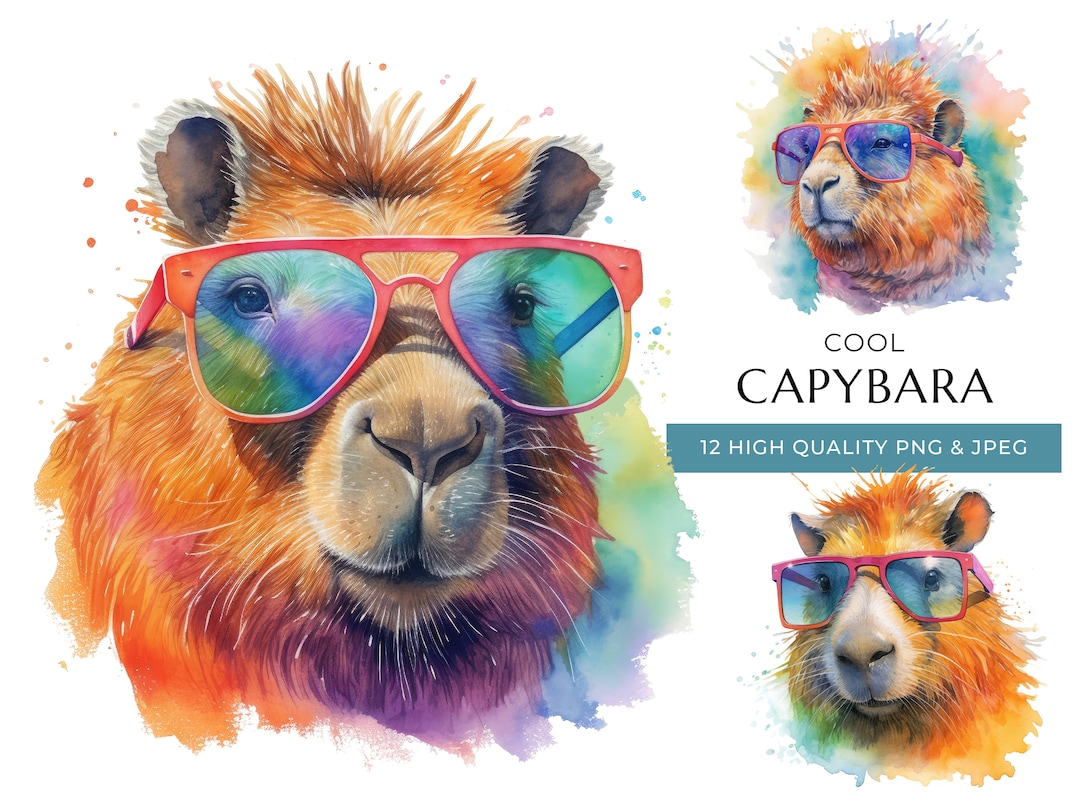 Watercolor Capybara Clipart With Sunglasses, 12 High-quality PNG & JPEG ...