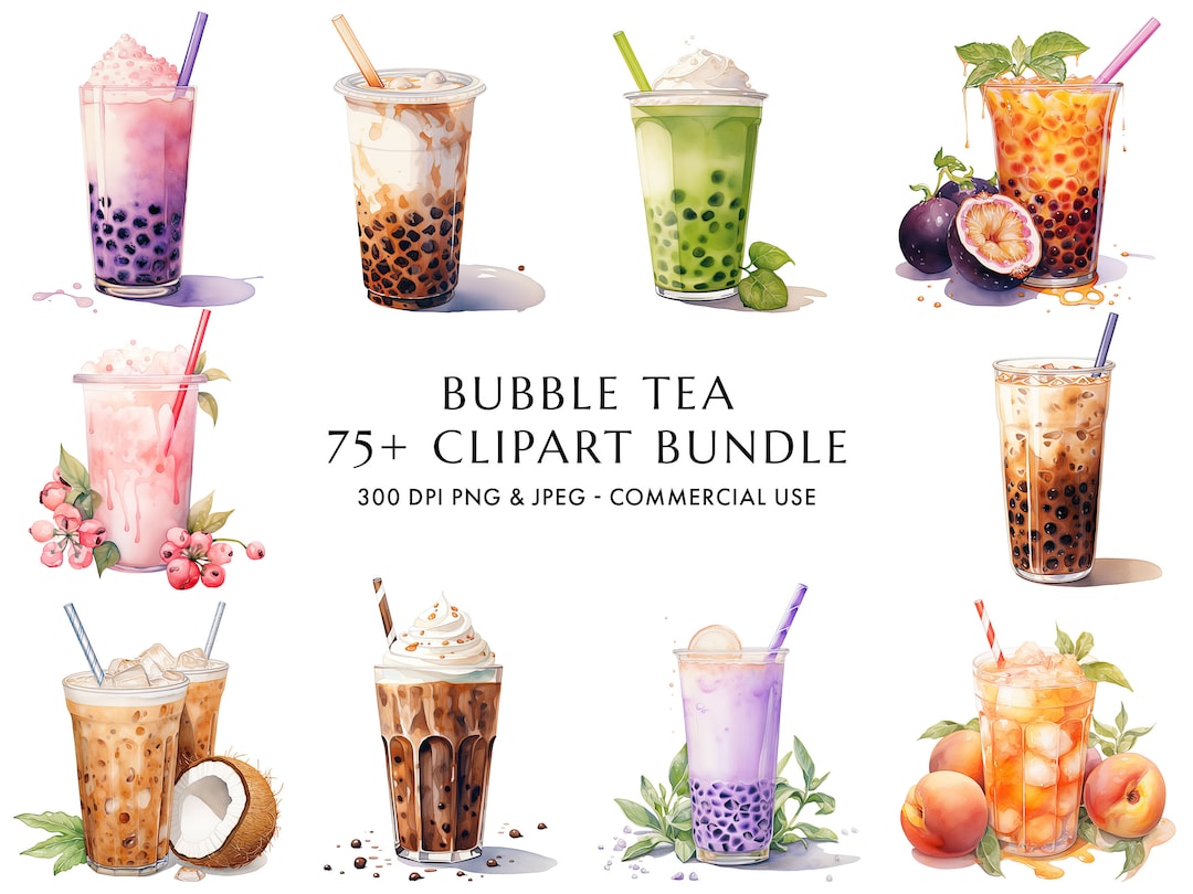 Watercolor Bubble Tea Clipart Bundle 75+ High Quality PNG & JPEG, Boba ...