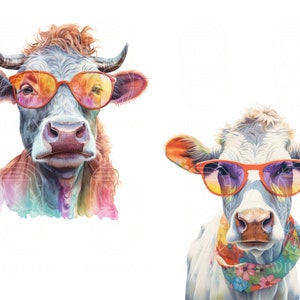 Watercolor Cow Clipart With Sunglasses: Farm Animal Print (digital ...