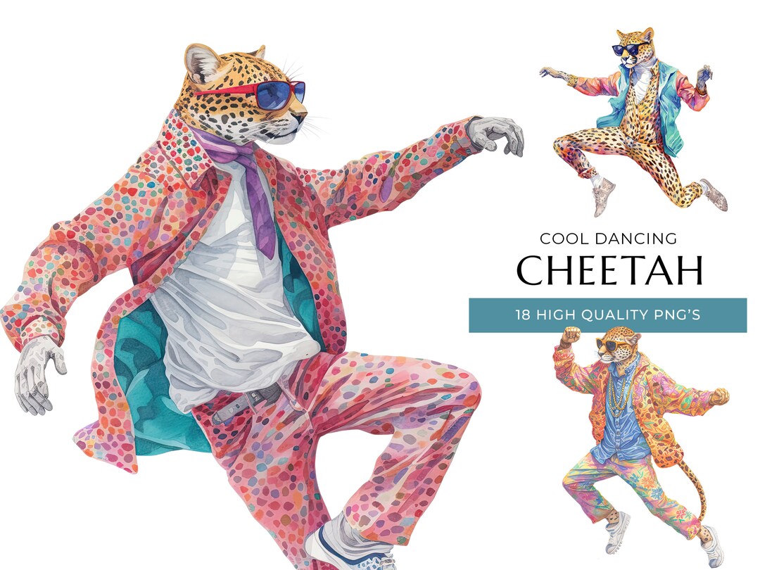 Dancing Cheetah Watercolor Clipart, Funny Animal Pngs (digital Download ...