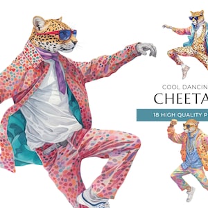 Cool Dancing Cheetah Clipart, 18 High Quality Pngs, Funny Watercolor Animals, for Digital Prints ...