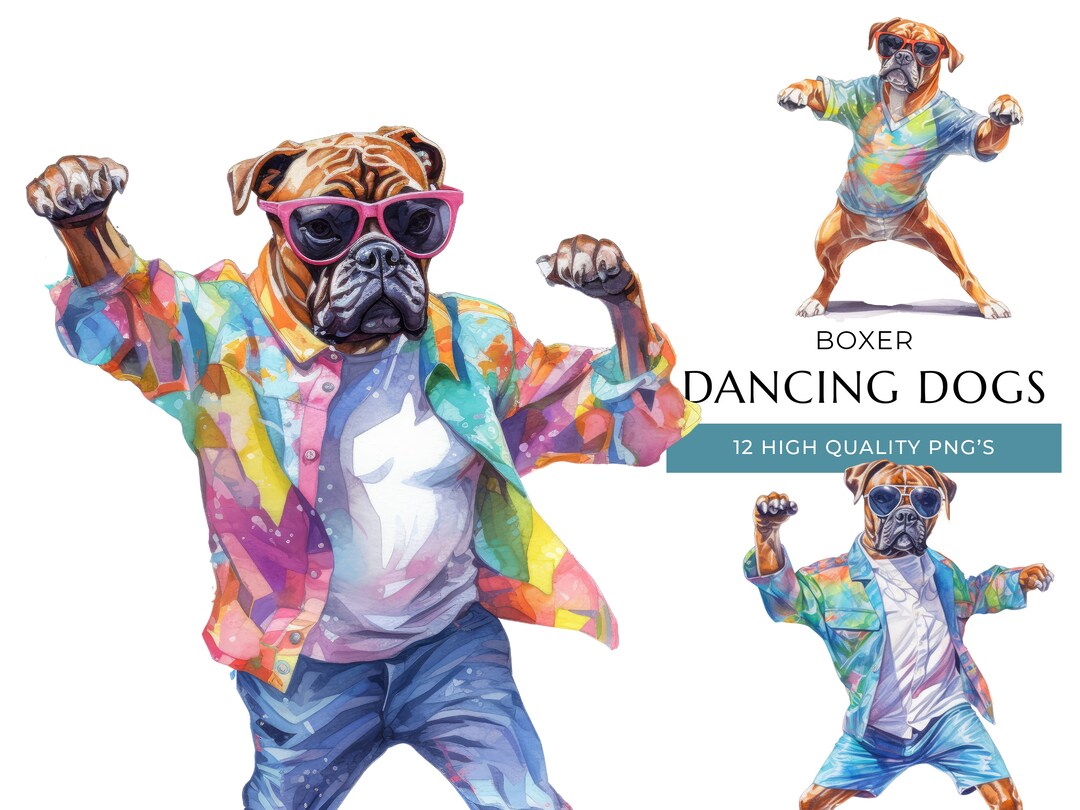 Cool Dancing Boxer Clipart, 12 High Quality PNG, Funny Watercolor Dogs ...