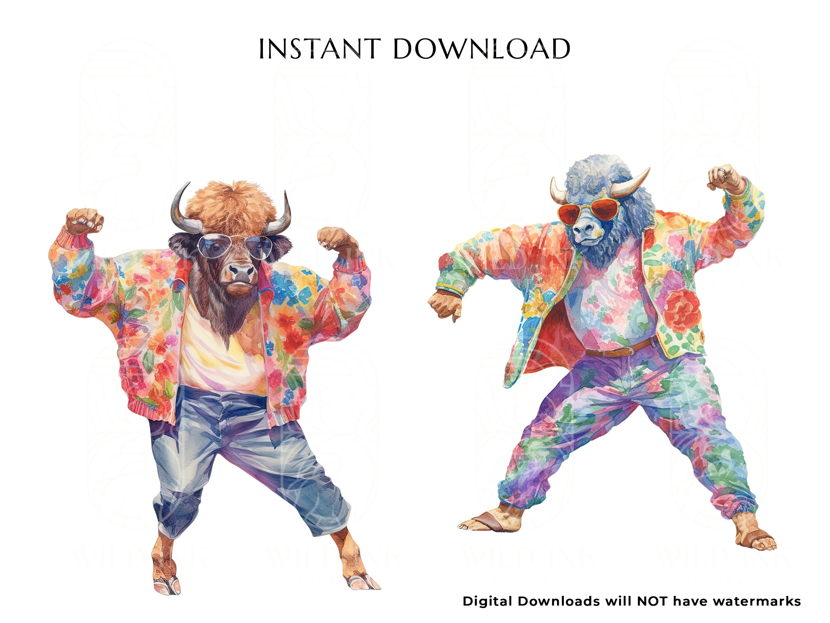 Dancing Bison Clipart: Funny Watercolor Animal Pngs (digital Download ...