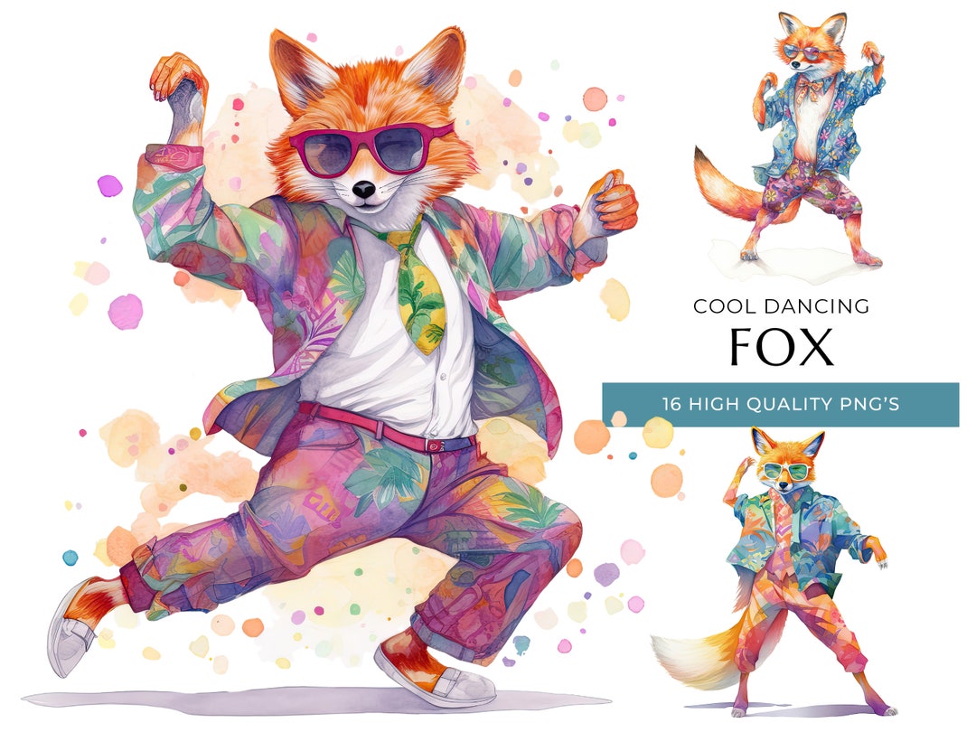 Cool Dancing Fox Clipart, 16 High Quality Pngs, Funny Watercolor ...
