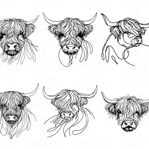 Highland Cow SVG Clipart: Minimalist Line Art Vector (digital Download ...