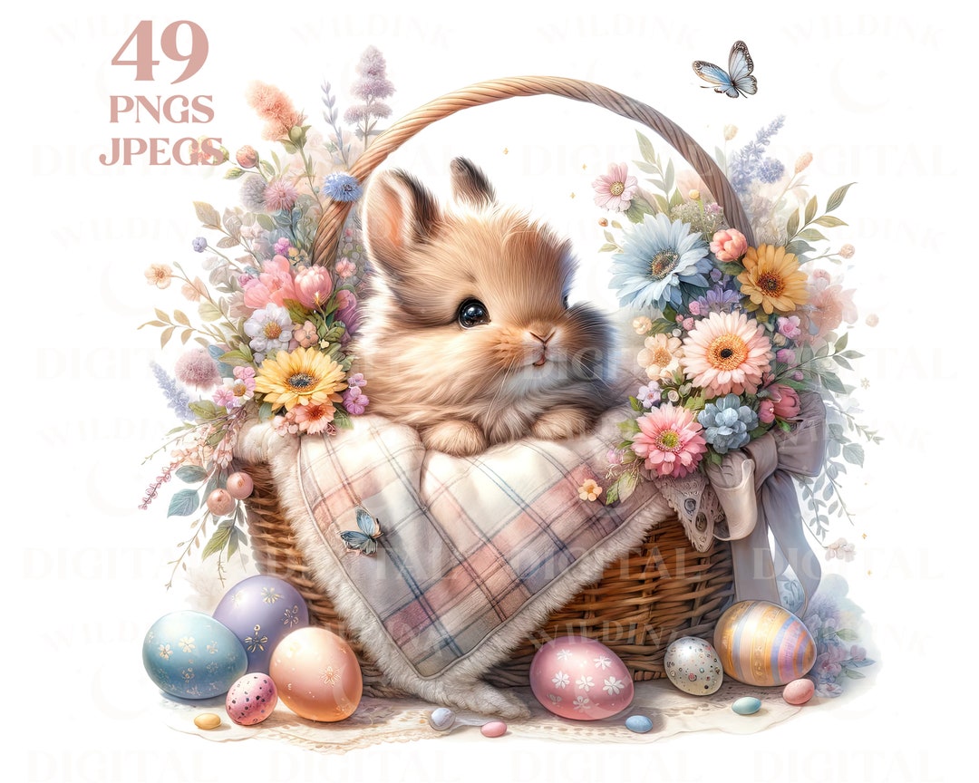 Watercolor Easter Bunny in a Basket Clipart Bundle 49 High Quality PNG ...