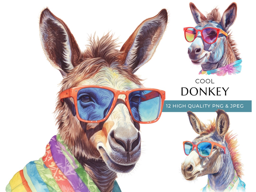 Watercolor Donkey Clipart With Sunglasses: Farm Animal Print (digital ...