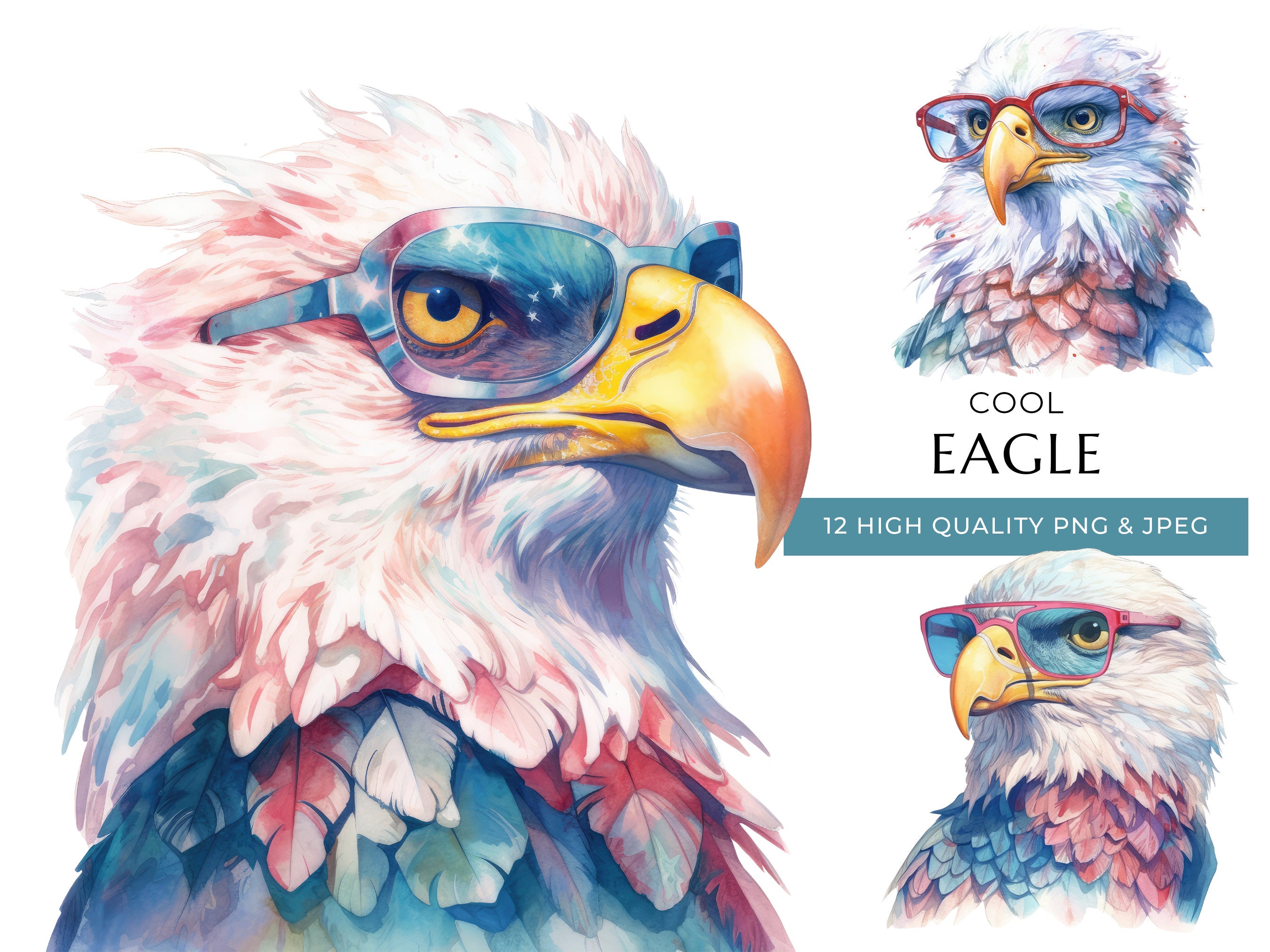 Watercolor Eagle Clipart With Sunglasses (digital Download) - Etsy