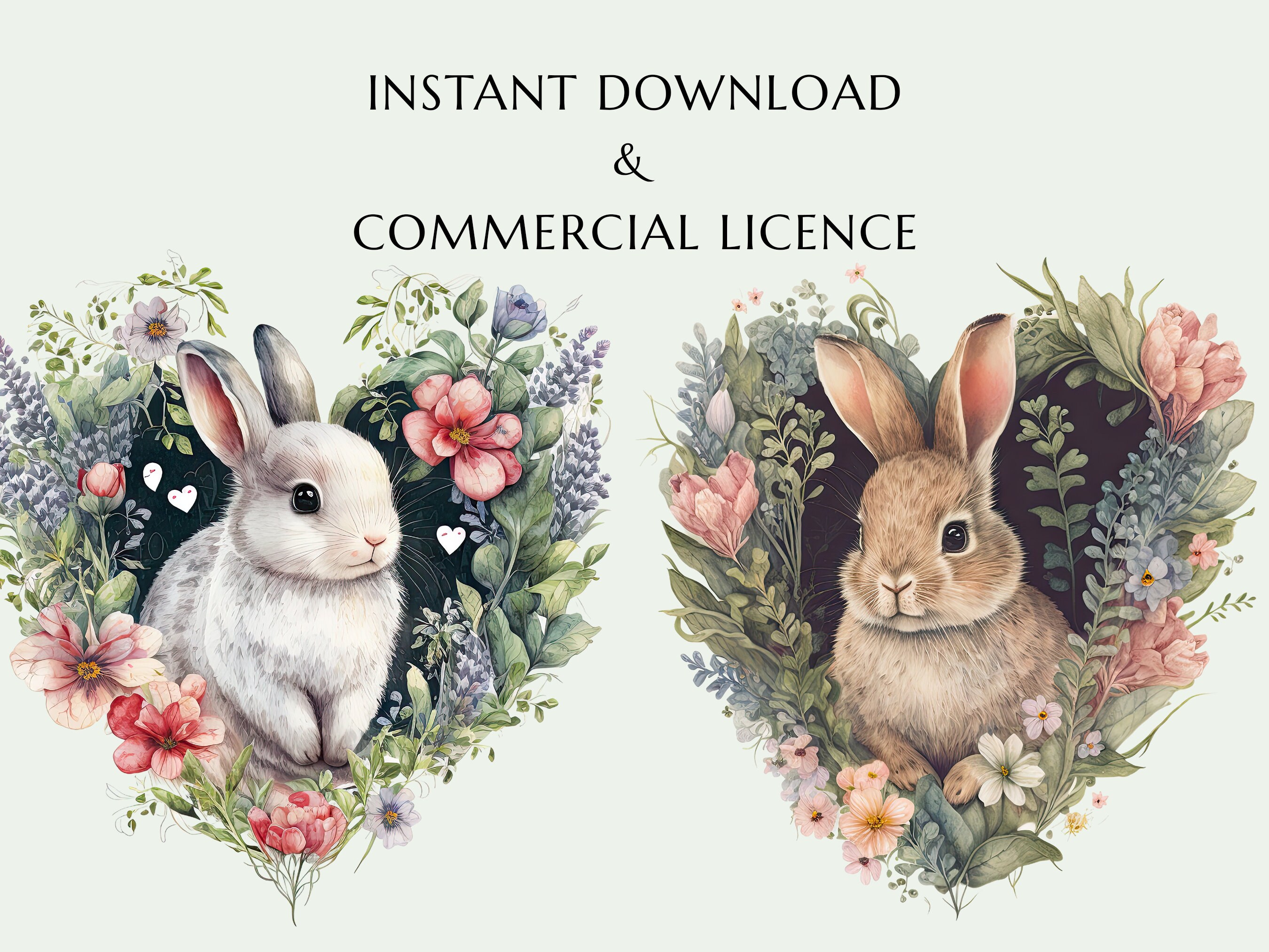 Watercolor Easter Bunny Clipart Set: Floral Wreath Heart (digital ...